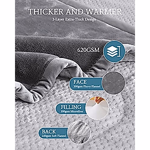 Lynnlov Large 3 Layers Flannel Fleece Throw Blanket Twin Size 60" x 80", Decorative Soft Thick Microfiber Plush Blanket, Luxury Comfy Cozy Velvet Winter Warm Blankets,Washable & Breathable,Grey