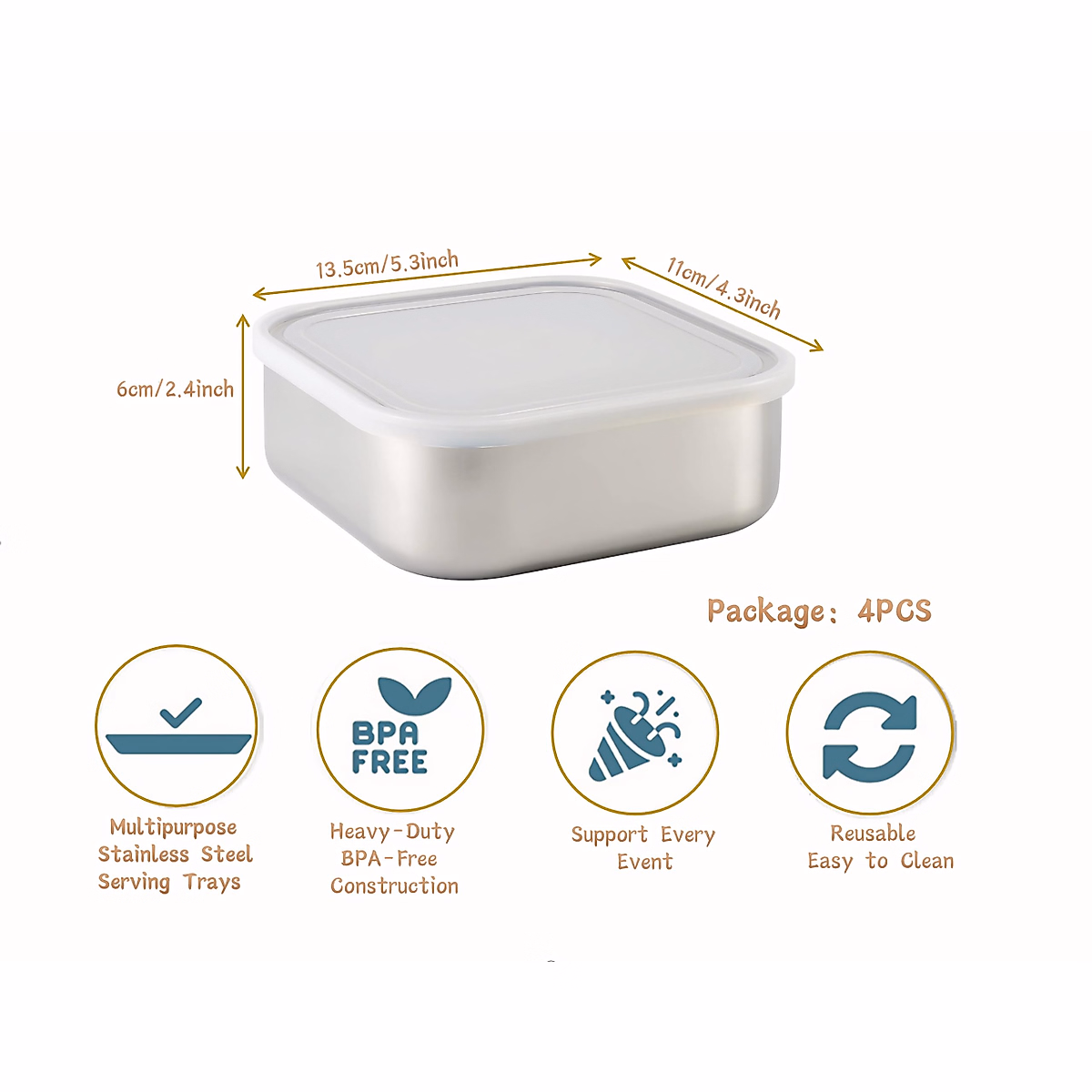 KNC 4 Pieces Stainless Steel Food Storage Containers Clear Lid, Refrigerator Fresh-keeping Airtight Leak Proof Stackable Box for Camping Trip Picnic Soup Salad Leftover, silver, HMC25