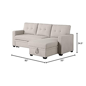 LOVMOR 82 inch L-Shape Sofa Sectional Couch Convertible Sleeper with Storage Chaise and Pull-Out Bed, Linen Upholstered Reversible Corner 3 Person Couch, for Living Room, Apartment