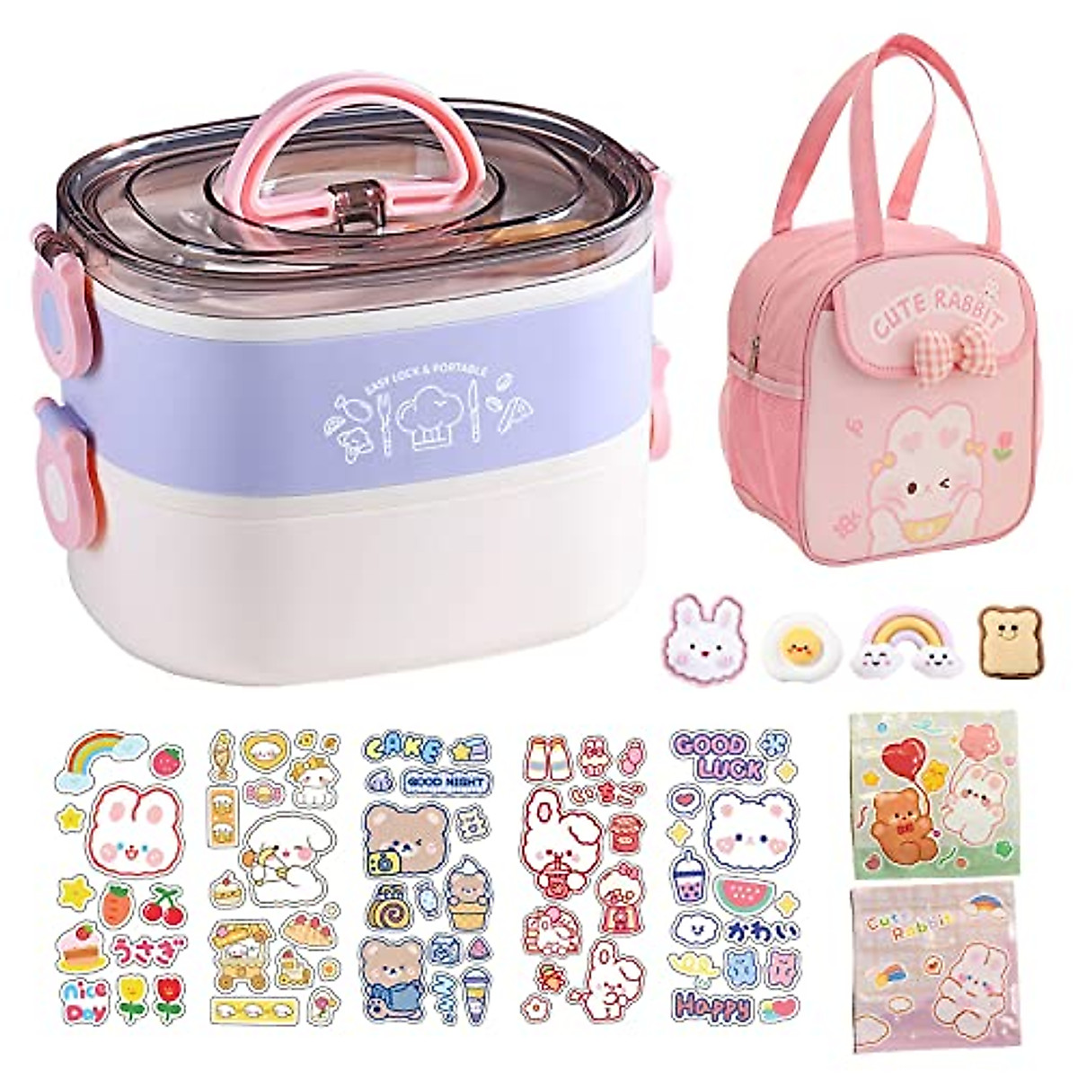 Paidideng Kawaii Bento Box Bento Lunch Box with Lunch Bag,Tableware,Biscuit bags,2 Layers Stacked Leakproof Cute Lunch Box,for Travel,Office,Gym. (purple)