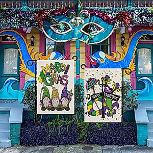 Happy Mardi Gras Garden Flag, 12x18 inch Set of 2 Double Sided Masquerade Beads Yard Flag, Mardi Gras Gnomes Yard Flag for Farmhouse Holiday Carnival Celebration Outside Decor
