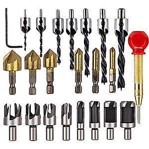 YEEZUGO 23-Pack Woodworking Chamfer Countersink Drill Bit, 6pcs 1/4" Hex 5 Flute 90 Degree Countersink Drill Bits, 7pcs Three Pointed Countersink Drill Bit, 8PCS Wood Plug Cutter, and Automatic