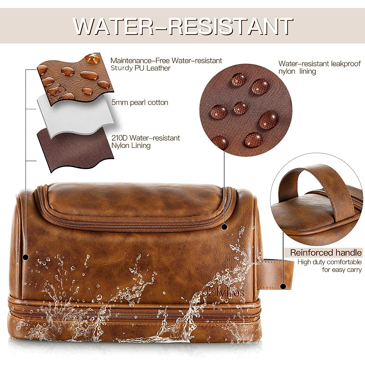 Elviros Toiletry Bag, Mens Leather Travel Organizer Kit with hanging hook, Large Water-resistant Toiletries Bathroom Shaving Bags for Women (Brown)