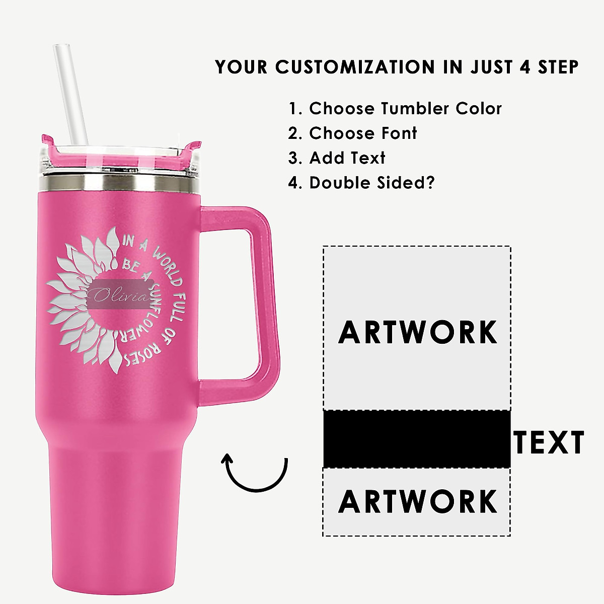 LifGif Sunflower Personalized Tumbler 40 oz Laser Engraved, Insulated Cup with Handle, Lid and Straw, In a World Full of Sunshine Stainless Steel Large Vacuum Insulated, Custom Gift for Birthday