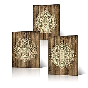SiMiWOW Canvas Prints Mandala Wall Art Rustic Home Decor Picture Meditation Decor Yoga Room Bedroom Bathroom Wall Decor Framed Ready to Hang 12x16inchx3 Panels