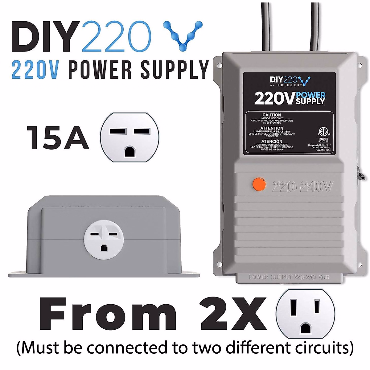 K KRIËGER DIY220 Quick Connect 220V Power Supply, Power 208-240 Volts from Two Separate 110/120V AC Circuits, 220V 15A AC Output Outlet with GFCI Outlet Circuit Tester