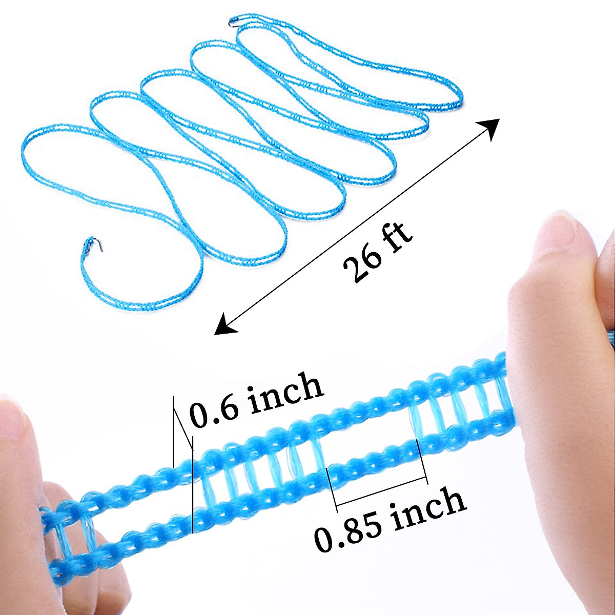 FuninCrea Washing Line 8m, Non-slip and Windproof Clothes Line, Portable Washing Line with 2pcs Stainless Hooks, Fence-Like Rope Washing Line for Indoor Outdoor Camping Traveling(blue)