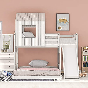 MERITLINE House Bed Bunk Beds with Slide Twin Over Full Size Bunk Bed Frame with Slide,Wooden Playhouse - Design Slide Bunk Beds Twin Over Full Bunk for Boys and Girls