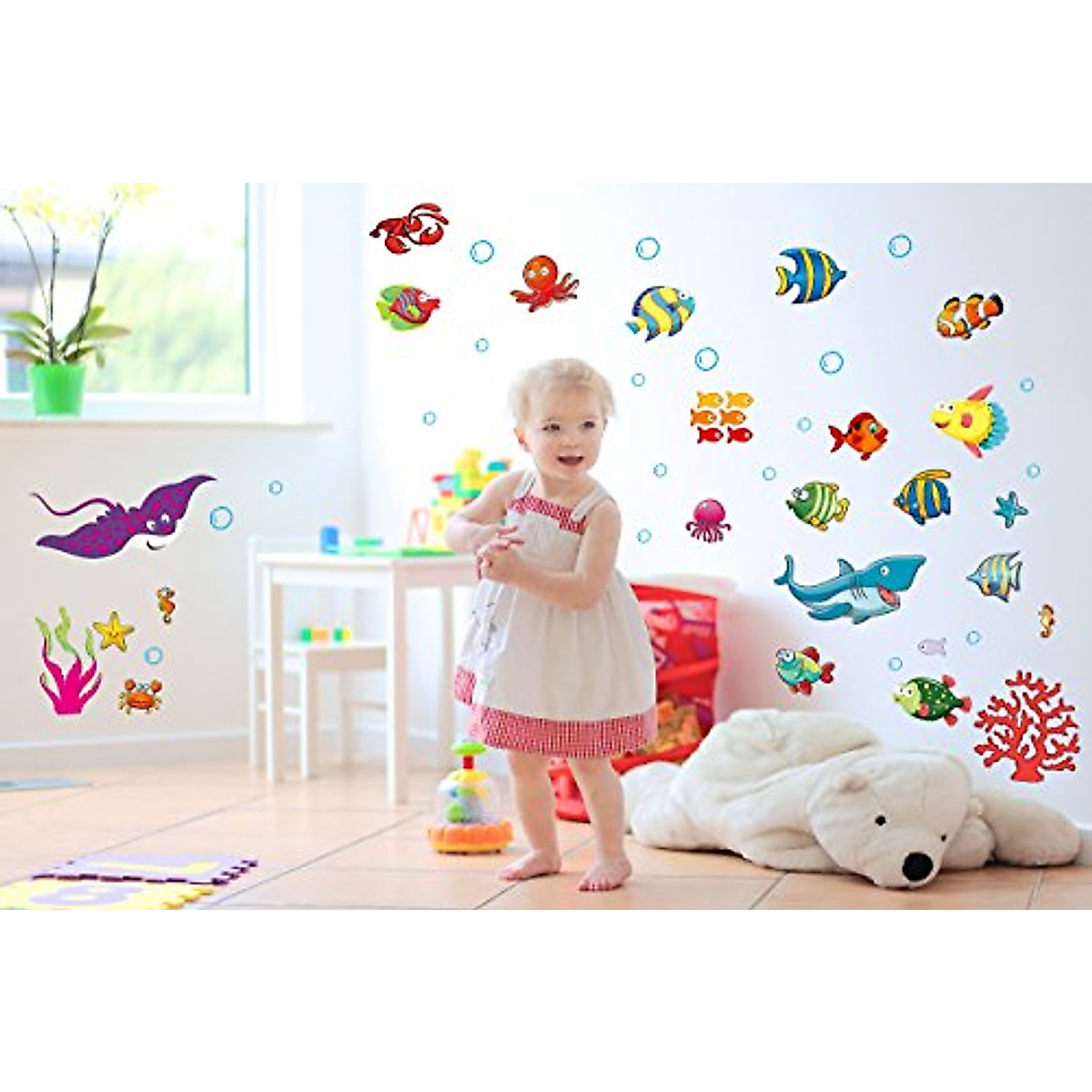 122 Pcs Under The Sea Fish Wall Decals for Kids and Toddlers' Bathroom and Nursery, Easy Peel and Stick Stickers with Turtles, Dophins, Corals, and More, Removable Ocean Themed Décor