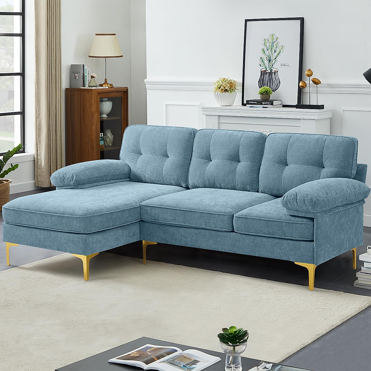 LEISLAND 79" Modern Sectional Sofa Couch for Living Room, Small Couches for Small Spaces, Chenille L Shaped Sofas with Solid Wood Frame, Detachable Cover, Attached Armrest(Light Blue)