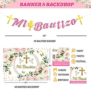 Fiesec Mi Bautizo Decorations for Girls, Baptism First Communion Christening God Bless Party Decorations Backdrop Balloon Garland Arch Glitter Banner Cake Cupcake Topper Gold Pink 103 PCs