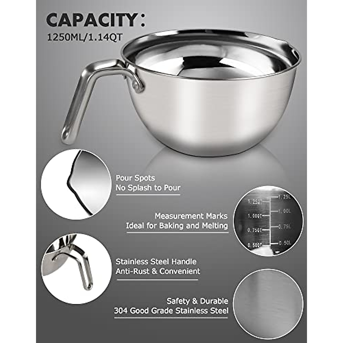 Marsheepy Double Boiler Pot Set,1250ML/1.1QT Mixing Bowl for Chocolate Melting, 2200ML/ 2QT 304 Stainless Steel Pot With Silicone Spatula for Melting Chocolate, Candy, Candle, Soap, Wax