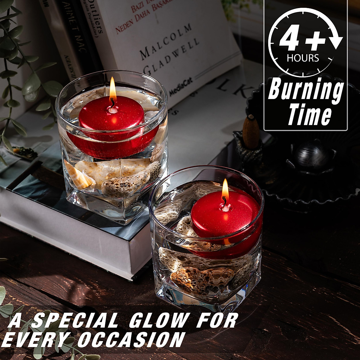 SECEL Pack of 24 Floating Candles 2 Inch 4+Hours Paraffin Wax0 Cotton Wick Dripless & Smokeless Home Decor, Wedding Decorations, Valentine Decors, Birthday Dinners, Celebrations