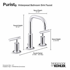 KOHLER Purist K-14406-4-BN Widespread Bathroom Sink Faucet with Metal Drain Assembly in Brushed Nickel