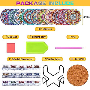 10 Pcs Diamond Painting Coasters with Holder, Mandala DIY Diamond Art Coasters Kits for Adults Kids Beginners Art Craft Supplies