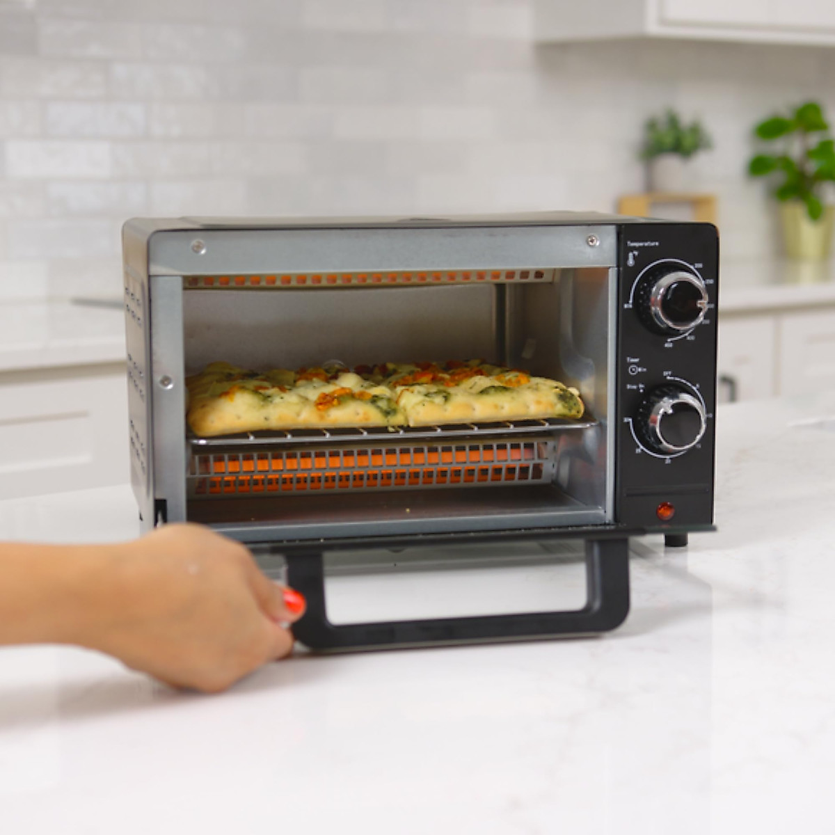 Total Chef 4-Slice Toaster Oven, 1000W, Black Compact Countertop Oven with Natural Convection, Temperature Control Dial, 30 Minute Timer, Bake, Toast, Roast, Includes Baking Pan and Toasting Rack