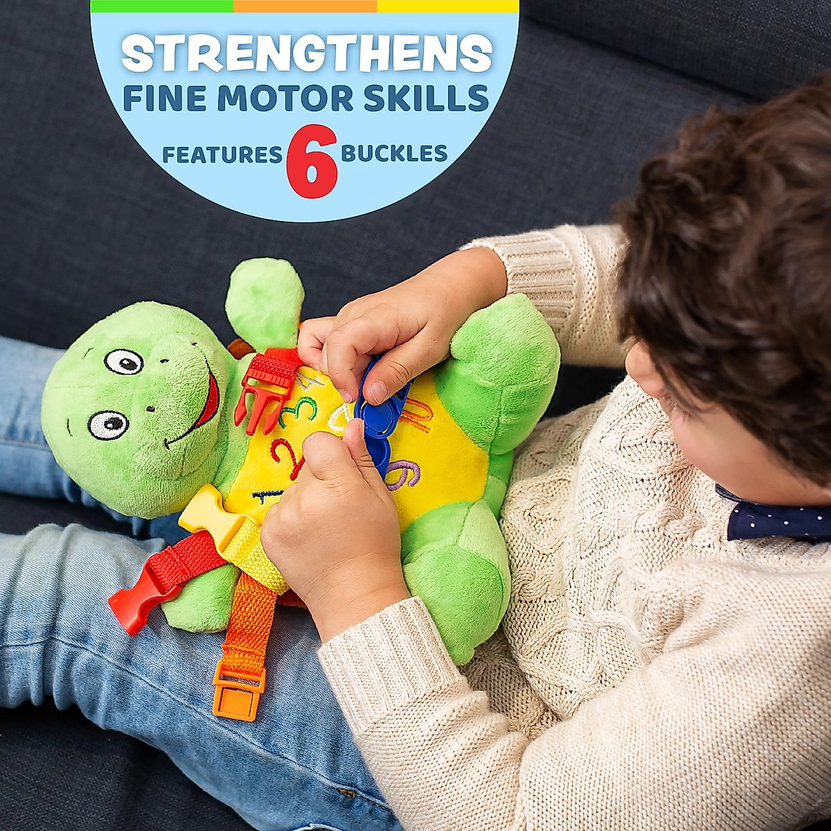 Buckle Toys - Bucky Turtle - Toddler Learning Activity - Develop Motor Skills and Problem Solving - Counting and Color Recognition - Sensory Stuffed Animal Travel Toy