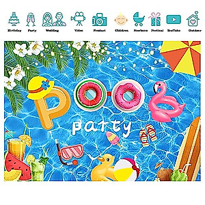 SJOLOON Summer Swimming Pool Backdrop Tropical Beach Ball Blue Sea Water for Party Decoration Studio Props 12576 (7x5FT)