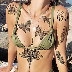 Bilizar 32 Sheets 89+ PCS Black Lotus Temporary Tattoos For Women Hands Adults Underboob, Tribal Indian Elephant Skull Snake Fake Tattoos, Bulk Bohemia Butterfly Tattoo Kit Sets Mandala Flower Moon