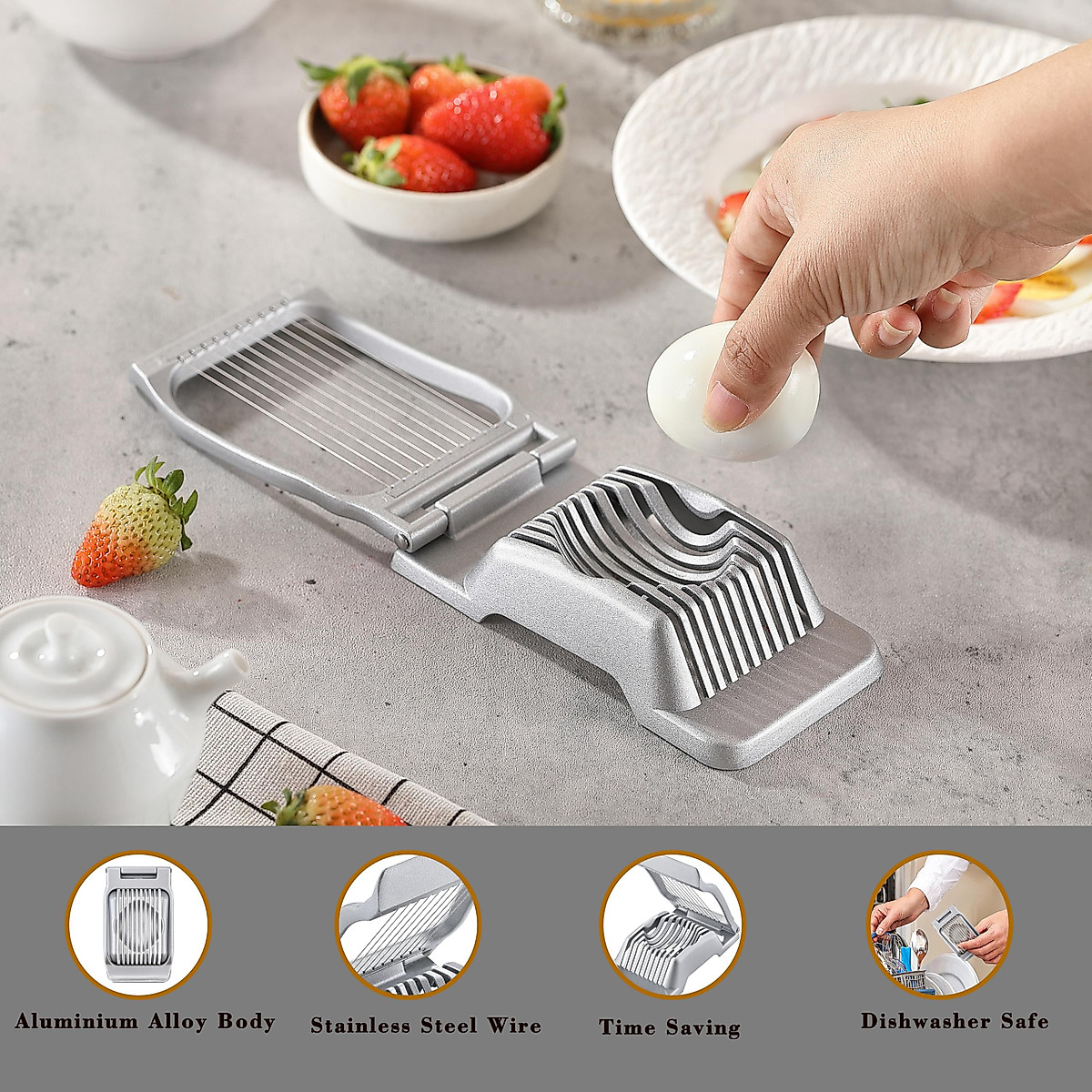 Egg Slicer for Hard Boiled Eggs, LCCOWOT Heavy Duty Strawberry Slicer Cutter, Stainless Steel Wire Cup Slicer with Aluminium Body, Perfect for Eggs, Fruit, Spam, Mushroom and More