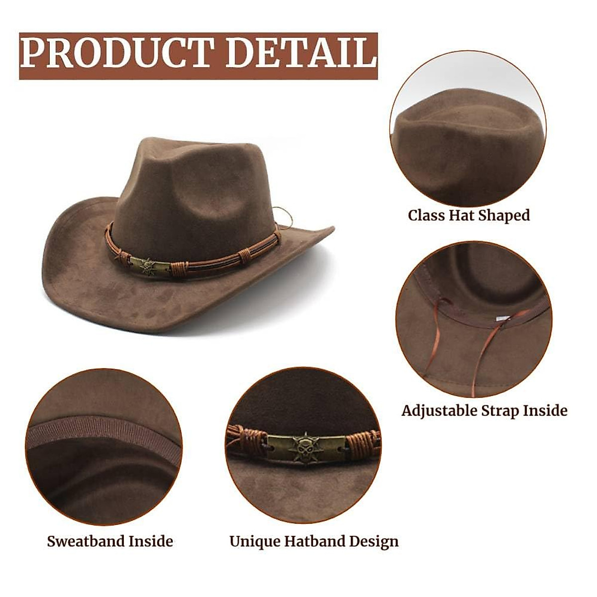 LIDHAY Cowboy Hat for Women and Men Western Suede Hat Panama Hat Cowboy & Cowgirl Hat Felt Wide Brim Women Men Fedora Hats 192 Brown