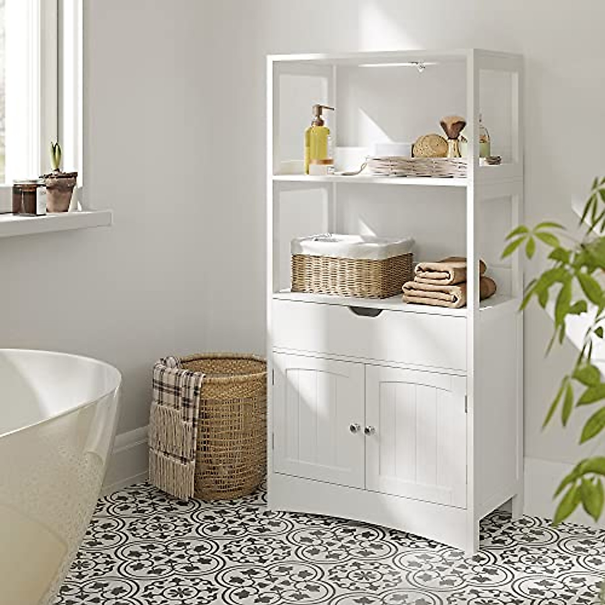 VASAGLE Bathroom Storage Cabinet with Drawer, 23.6 x 11.8 x 48 inches, White