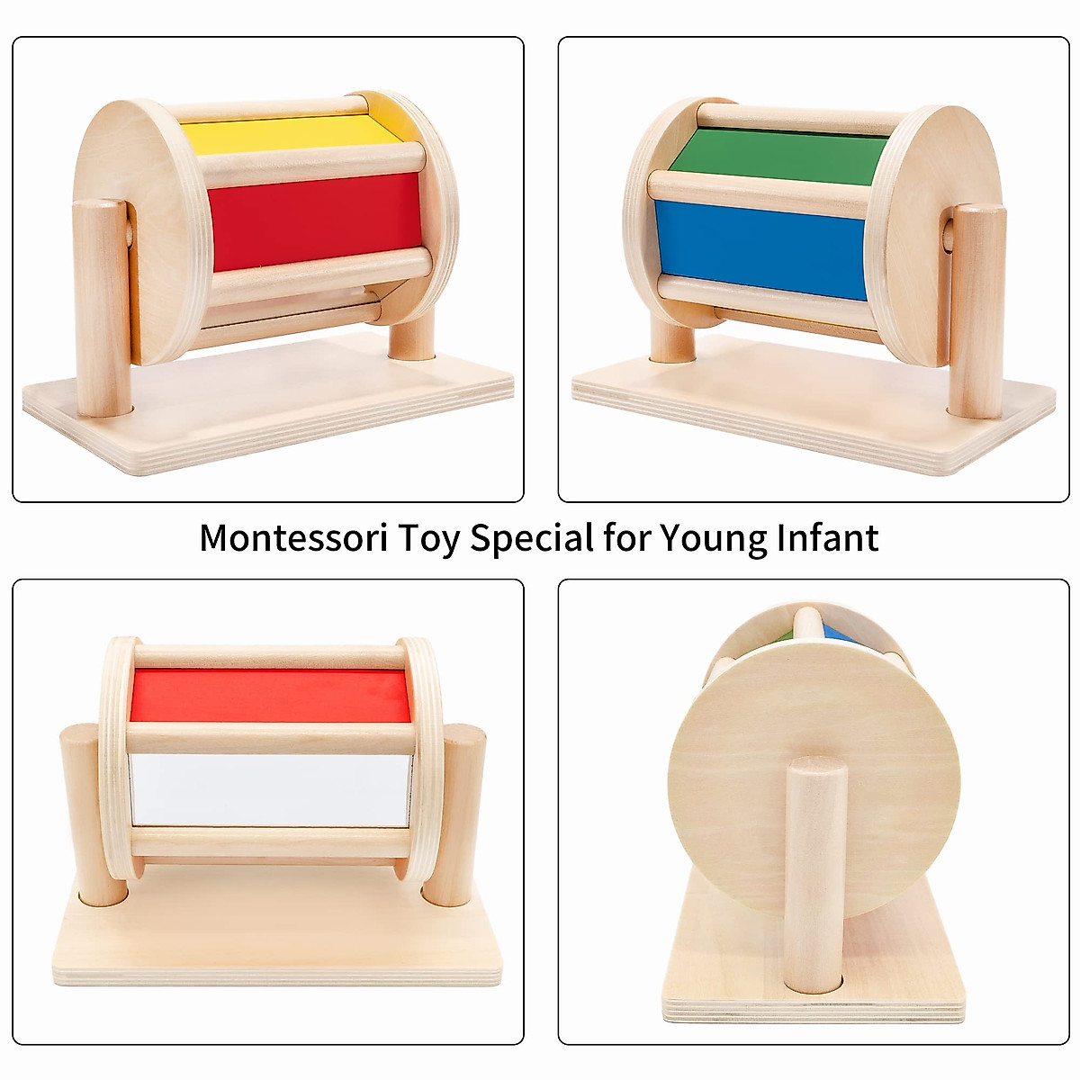 XJYQJD Montessori Spinning Drum Montessori Baby Toys for 6-12 Months Old, Wooden Spinning Rainbow Montessori Drum Rolling Toys for Babies Infant Toy for Boys Girls Newborn Gift