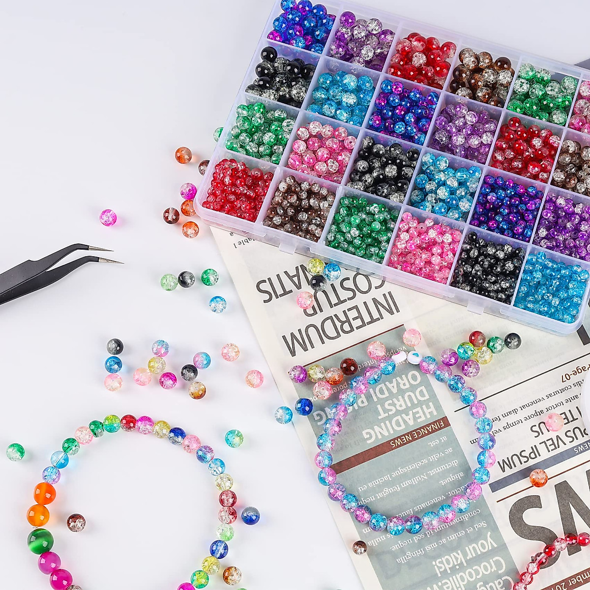 Suhome 1920pcs 8 Color Crackle Lampwork Glass Beads 4mm 6mm 8mm Handcrafted Round Spacer Loose Beads for Jewelry Making