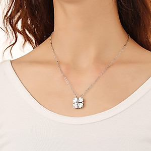 VANGETIMI 2 in 1 Four Leaf Clover Charm Lucky Necklace Heart Crystal Pendant Necklace Silver Link Mother's Day Gifts Jewelry for Women