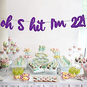 Oh S*it I’m 22! Banner Backdrop Glitter Purple Hello 22 Cheers to 22 Years Old Theme Decorations Decor for Man Woman Happy 22nd Birthday Party Supplies Photo Studio Prop Favors