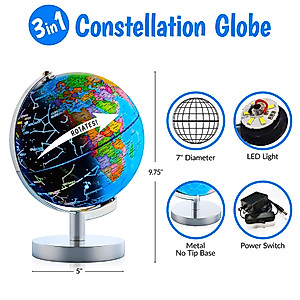 USA Toyz Illuminated Globe for Kids Learning- 3-in-1 STEM Globes of the World with Stand, Constellation Map, Built-in LED Night Light Desk Globe Lamp, Non-Tip Metal Base, 9.75” Tall, 7 Inch Diameter