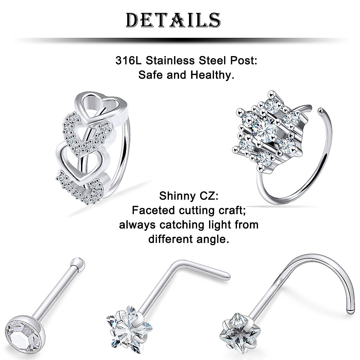 Kridzisw 18g Nose Ring Hoop Stud Piercing Jewelry for Women 316L Stainless Surgical Steel L Shaped Bend Straight Silver Nose Nostril Ring Hoop Stud Pin Bone Earring Piercing Jewelry women Men 8mm 2mm