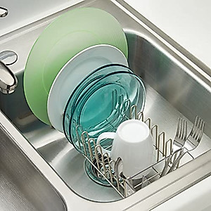 mDesign Steel Sink Dish Drying Rack/Dish Drainer Storage Organizer w/Wire Drainer, Drying Mat for Kitchen Counter, Easy Drain/Dry Dishes, Plate, Utensil - Concerto Collection, Set of 2 - Satin/Gray