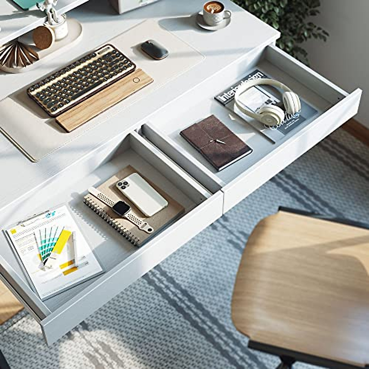 CubiCubi Computer Desk with 2 Storage Drawers, Home Office Writing Desk, Study Table for Small Space, (White, Monitor Stand)