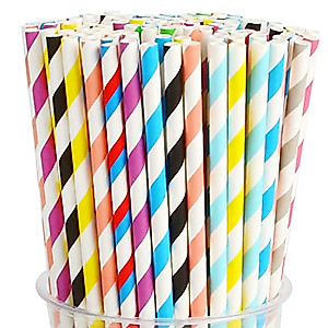 KIMOBER 200PCS Biodegradable Paper Straws,10 Color Stripes Rainbow Disposable Drinking Paper Straws for Wedding Hawaiian Birthday Party Supplies