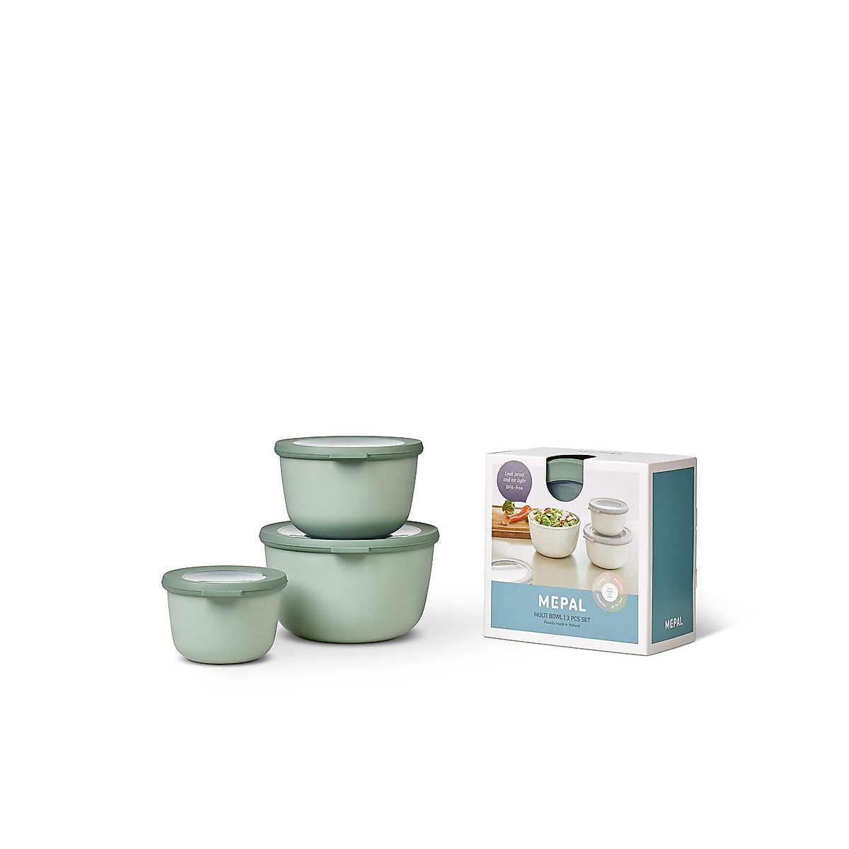 Mepal – Multi Bowl Cirqula 3-Piece Set – Food Storage Container with Lid - Suitable as Airtight Storage Box for Fridge & Freezer, Microwave Container & Servable Dish - 500, 1000, 2000ml - Nordic Sage