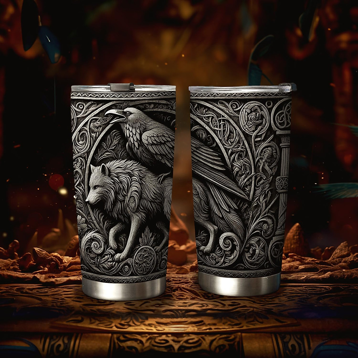 20oz Raven Wolf Tumbler, Viking Gifts for Men, Norse Mythology Gifts, Coffee Thermos, Viking Celtic Wolf Raven Tumbler Cup, Stainless Steel Double Wall Vacuum Insulated Coffee Mug, Travel Cup with Lid