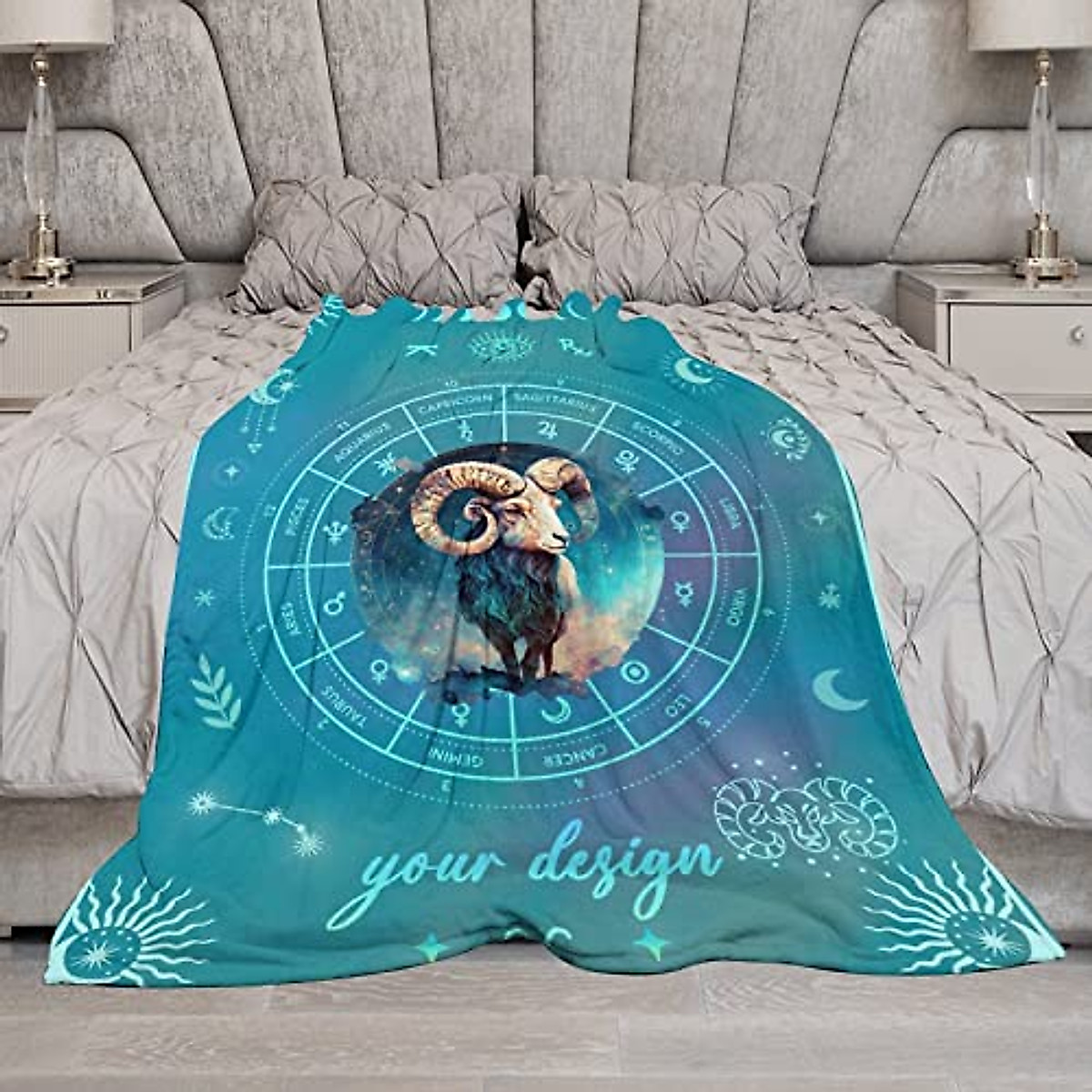 Custom Aries Blanket Gifts, 40"x30" Rectangular Flannel Zodiac Throw Blanket Cozy, Personalized Blankets Gift for Boys Girls Teen Women Men Tarot Cards Lovers Birthday Anniversary Festival