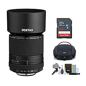 Pentax HD PENTAX-DA 55-300mm f/4.5-6.3 ED PLM WR RE Lens Bundle with 64GB Ultra SDXC UHS-I Memory Card Camera System Gadget Bag with Accessory and Cleaning Kit (3 Items)