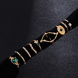 YERTTER Men 9 pcs Vintage Gold Ring Set Green Gem Rings Set Craved Rings Set Joint Knuckle Ring Set Finger Rings Stackable Retro Mid Rings for Women and