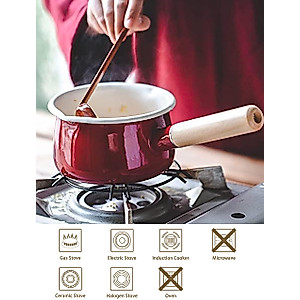 YumCute Home Enamel Milk Pan with Dual Pour Spout Butter Warmer Milk Pot for Stove Top Healthy White Enameled Inside Coating Iron 1QT Small Soup Pot with Wooden Handle Handy Pot (Red)