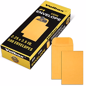 ValBox #1 Coin Envelopes 2.25x 3.5 Small Parts Envelope with Gummed Flap for Home, Garden or Office Use, Brown Kraft Seed Envelopes 500 per Box