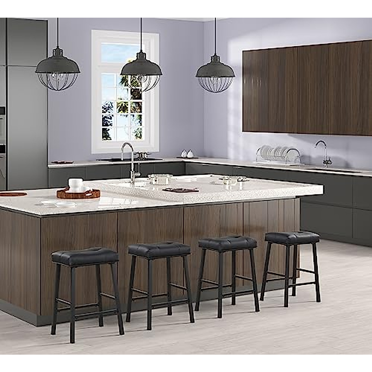 KAIRUITUCH 24 inch Bar Stools, Counter Height Kitchen Bar Stools for Home Bar, Dining, Saddle Seat Padding, Black Metal Legs, KR302PBK1