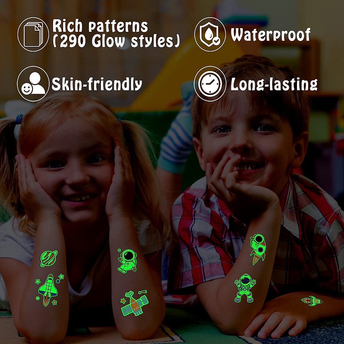 Partywind 290 Styles (30 Sheets) Luminous Space Tattoos for Kids Party Decorations, Glow Outer Space Party Supplies Favors with Astronaut/Rocket/Planet, Kids Games for Glow Party