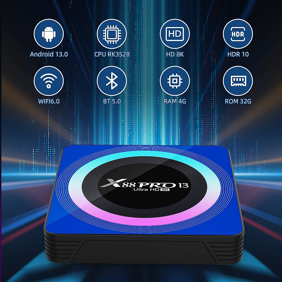 Android 13.0 TV Box, X88 PRO 13 Android Box with 4GB RAM 32GB ROM RK3528 Quad-Core Support WiFi6 2.4Ghz/5.0Ghz 8K HD BT 5.0 H.265 Decoding Smart TV Box
