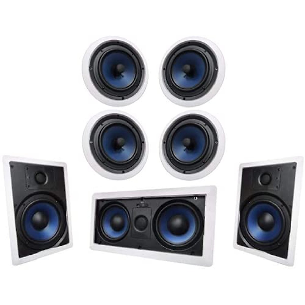 Silver Ticket Products 1 x Center, 1 x Left & 1 x Right in-Walls and 4 x in-Ceiling Surround Sound 7.1 Speaker Home Theater Bundle Package