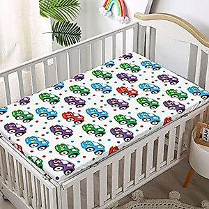Cars Themed Fitted Crib Sheet,Standard Crib Mattress Fitted Sheet Soft and Breathable Bed Sheets-Crib Mattress Sheet or Toddler Bed Sheet, 28“ x52“,Multicolor
