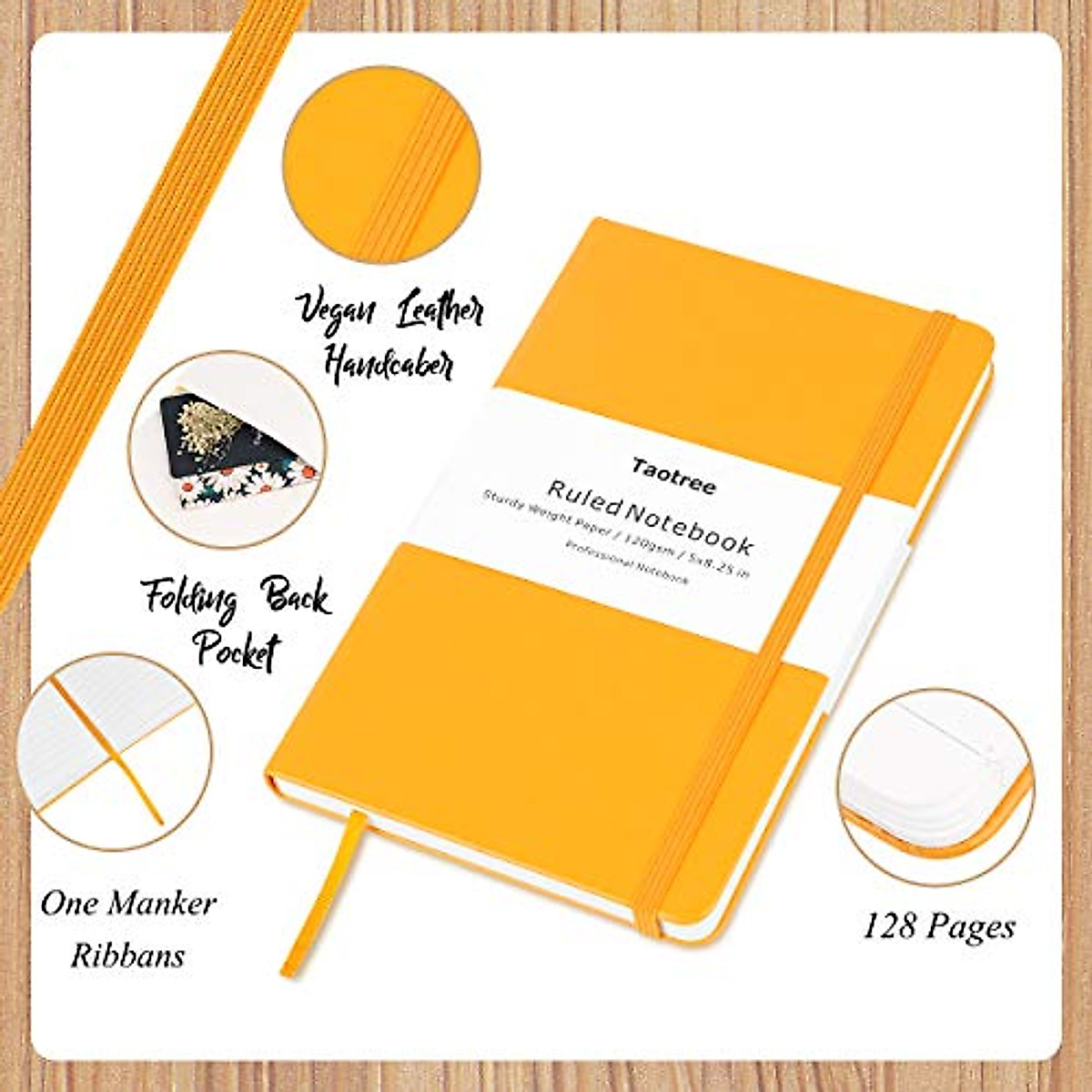 5 Pack Journal Notebooks, Taotree Yellow Classic Ruled Writing Notebook, Hard Cover PU Leather, 120gsm Premium Thick Paper, Inner Pocket, 128 Pages, 5"×8.3" for Office Business Supplies