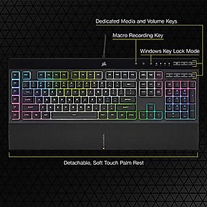 Corsair K55 RGB PRO XT - Dynamic Per-Key RGB Backlighting - Six Macro Keys with Elgato Stream Deck Software Integration-IP42 Dust and Spill-Resistant-Detachable Palm Rest-Media and Volume Keys-Black