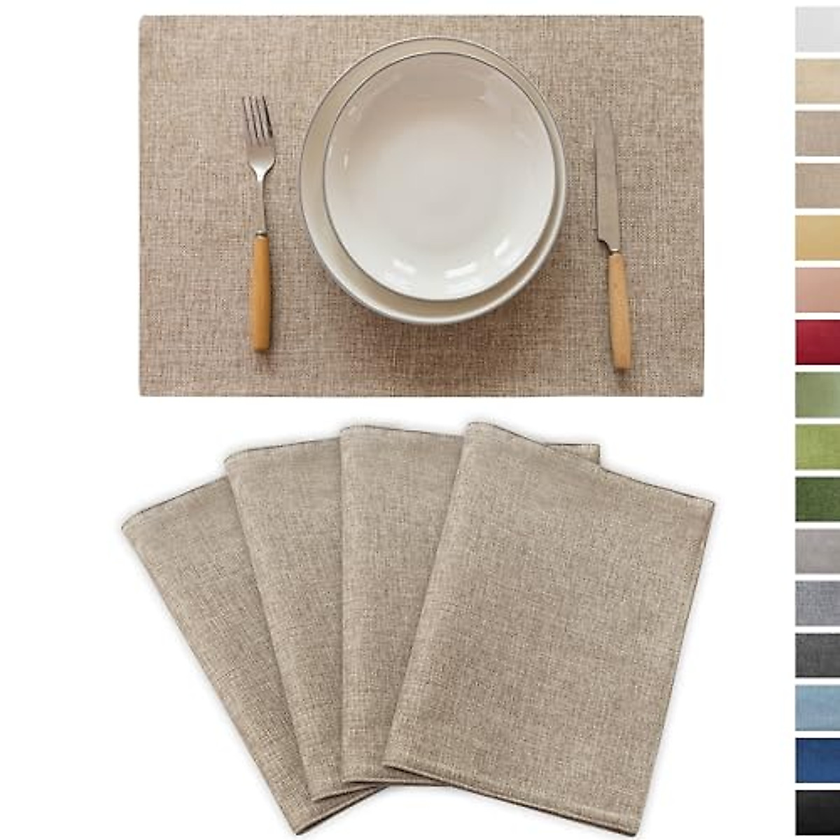 Demetex Linen Placemats Set of 4 Heat Resistant Wipeable Cloth Table Place Mats for Dining Table Indoor Restaurants, 13 x 19 inches, Linen